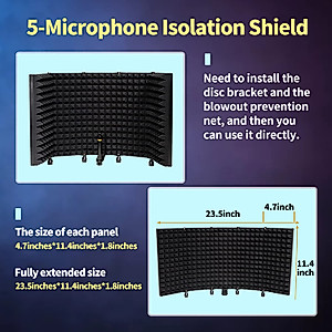 Studio Microphone Isolation Shield with Desk Mic Stand and Pop Filter, High Density Sound Proof Absorbing Foam, Portable Acoustic Treatment Equipment for Recording Mics Home Studio Podcast Vocal Booth