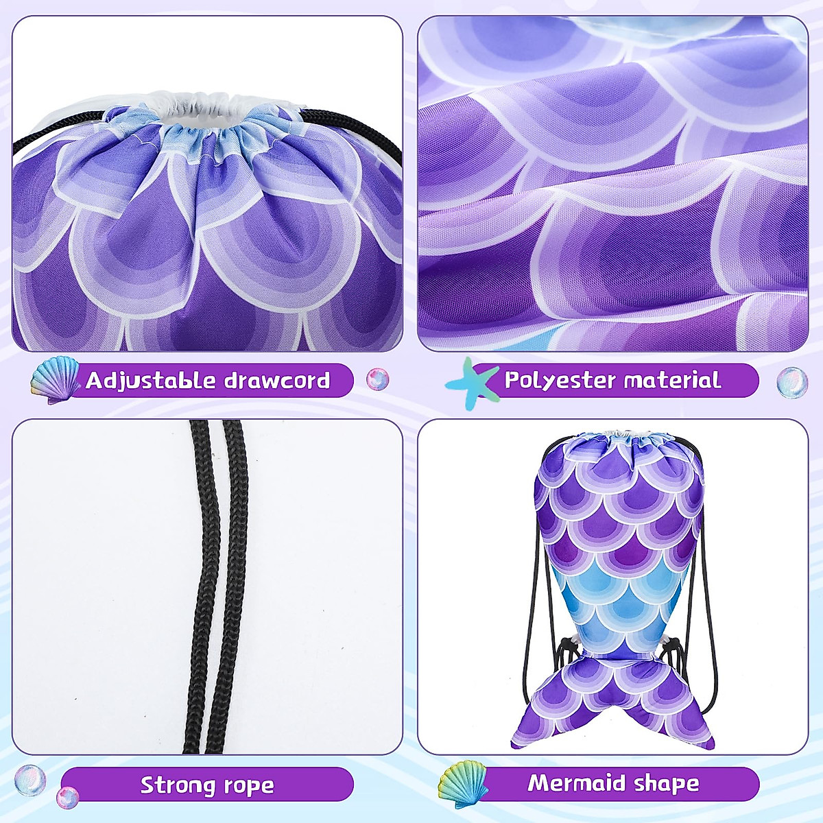 Silkfly 12 Pcs Mermaid Party Favor Bags Bulk Mermaid Drawstring Backpack Gift Cloth Bags Purple Blue Gradient Mermaid Beach Bag for Girls Kid Gift Party Baby Shower Birthday Supply