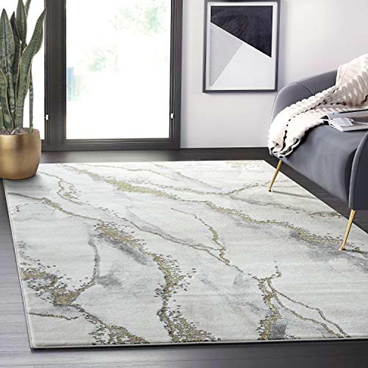 Abani Contemporary Area Rug, Non-Shed Modern Rugs Marble Print Dining Room Rug (Grey, 10' x 14')