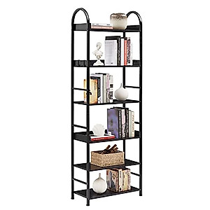Merax Bookshelf, 6-Tier Bookcase with 4 Hooks, 70.8 Inch Tall Industrial Wood Storage Rack, Arched Open Shelves for Home Office, Living Room, Bedroom, Kitchen
