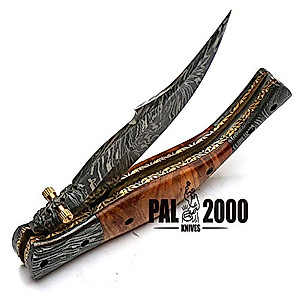 PAL 2000 HUNTING KNIVES FOL-8459 Handmade Damascus Steel Pocket Knife Olive Wood Handle With Sheath