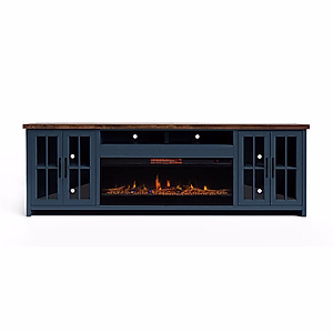 Bridgevine Home Nantucket Modern Farmhouse Fireplace TV Console, 97 Inches, Accommodates TVs up to 100 inches, Fully Assembled, Poplar Solid Wood, Blue Denim and Whiskey Finish