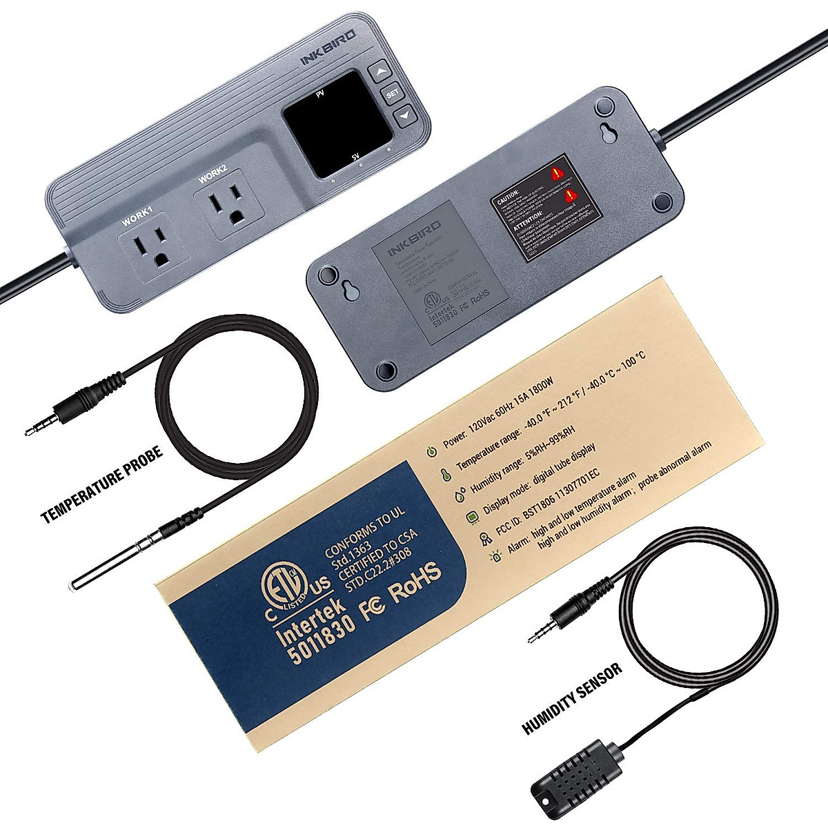 Inkbird ITC-608T Temperature and Humidity Controller 1800W ETL Listed AC Dual Stage Outlet Thermostat with Temperature and Humidity Sensor Mushroom Greenhouse Reptile