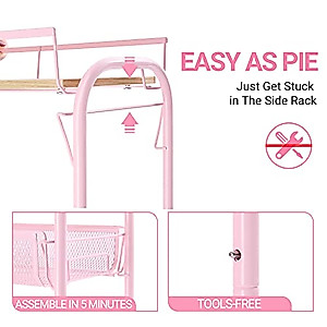 KINGRACK 4-Tier Slim Rolling Cart with Wooden Tabletop, Easy Assemble Metal Utility Cart, Slide Out Narrow Storage Cart for Narrow Space on Bedroom Bathroom Laundry Room Apartments Dormitory,Pink