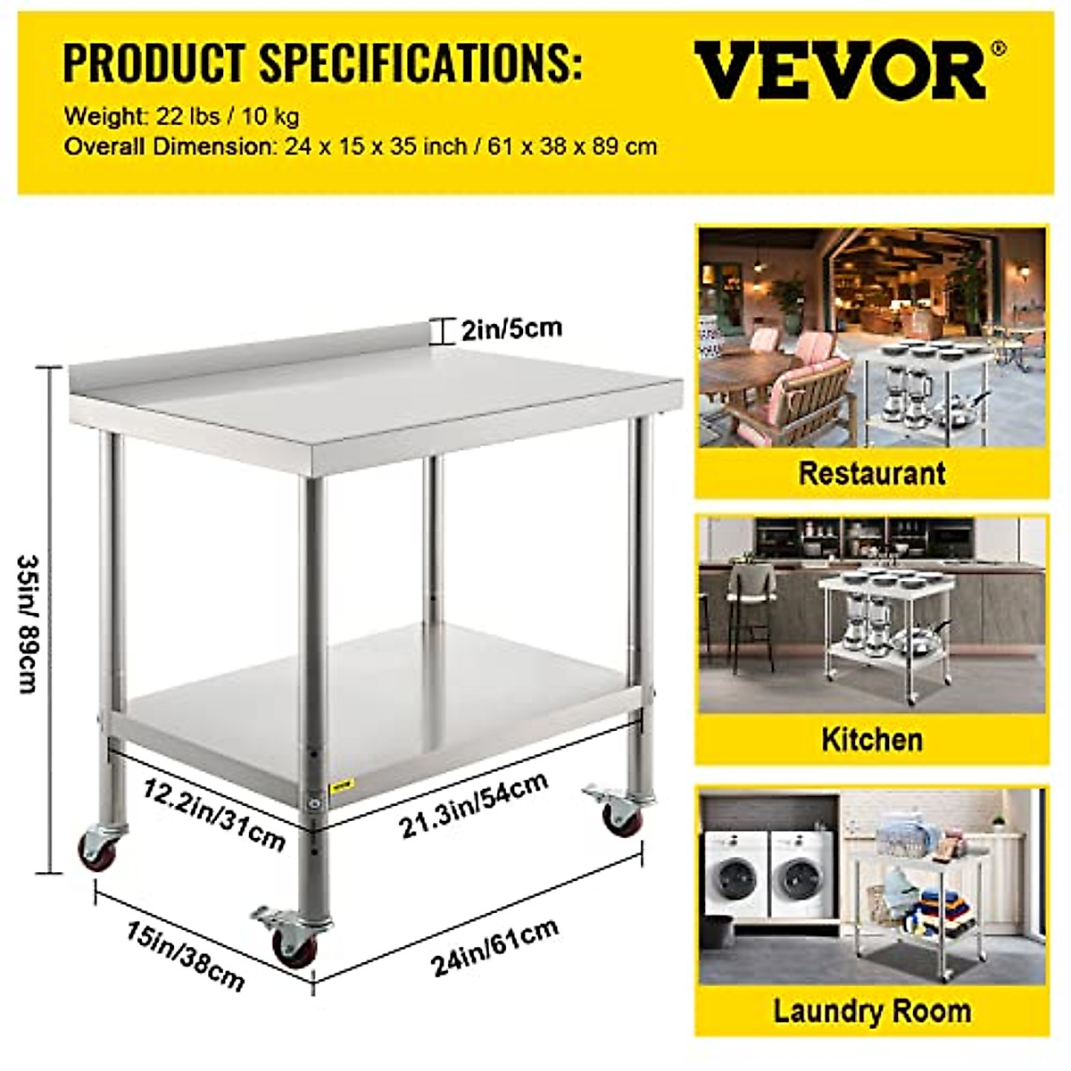VEVOR Stainless Steel Prep Table, 24 x 15 x 35 Inch, 440lbs Load Capacity Heavy Duty Metal Worktable with Backsplash Adjustable Undershelf & 4 Casters, Commercial Workstation for Kitchen Restaurant
