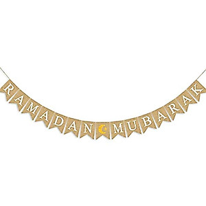 SWYOUN Burlap Ramadan Mubarak Banner Supplies with Glitter Moon and Star Signs Mantel Fireplace Decoration