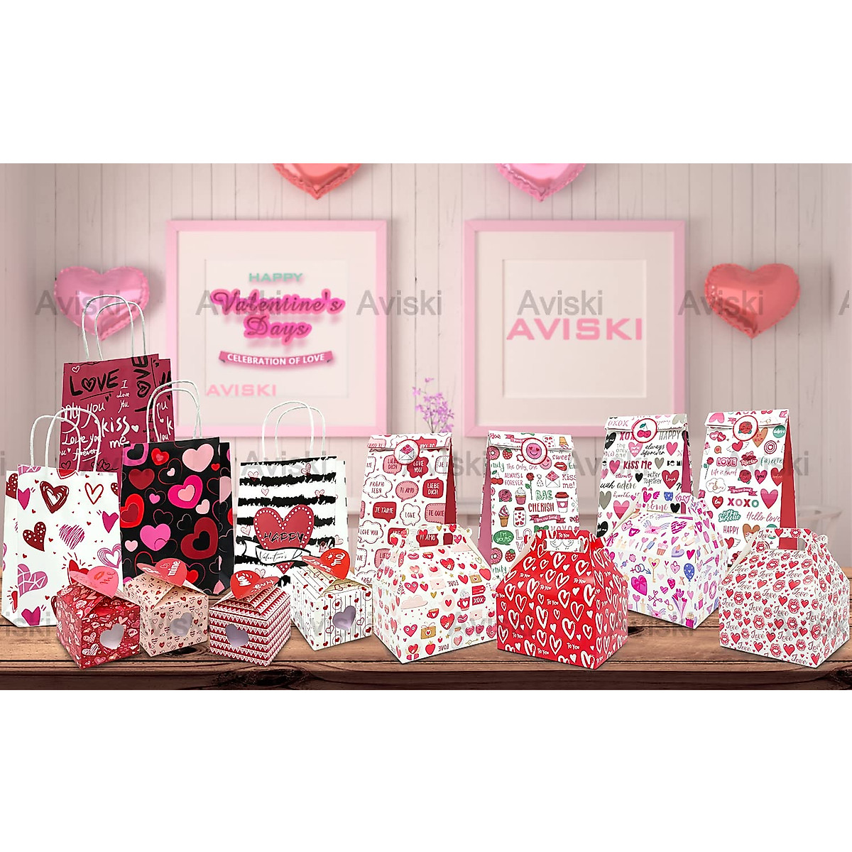 17pcs Valentines Day Gift Bags, Gift Box Set, Candy Bag, Gift Boxes, Small Present Boxes, Gift Bags with Handles, Recycled Party Boxes and Bags, Heart Printed Cardboard Box for Candy, Cookies and Party Favors