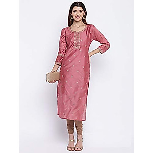 Ziya Designer Straight A-Line Embroidered Chanderi Cotton Kurti for Women (Dark Peach648, 40)