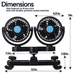 Car Cooling Air Fan 12V- Zone Tech 12V Dual Head Car Auto Electric Cooling Air Fan for Rear Seat - Powerful Quiet 2 Speed 360 Degree Rotatable 12V Ventilation Rear Seat with Kids Safe Design