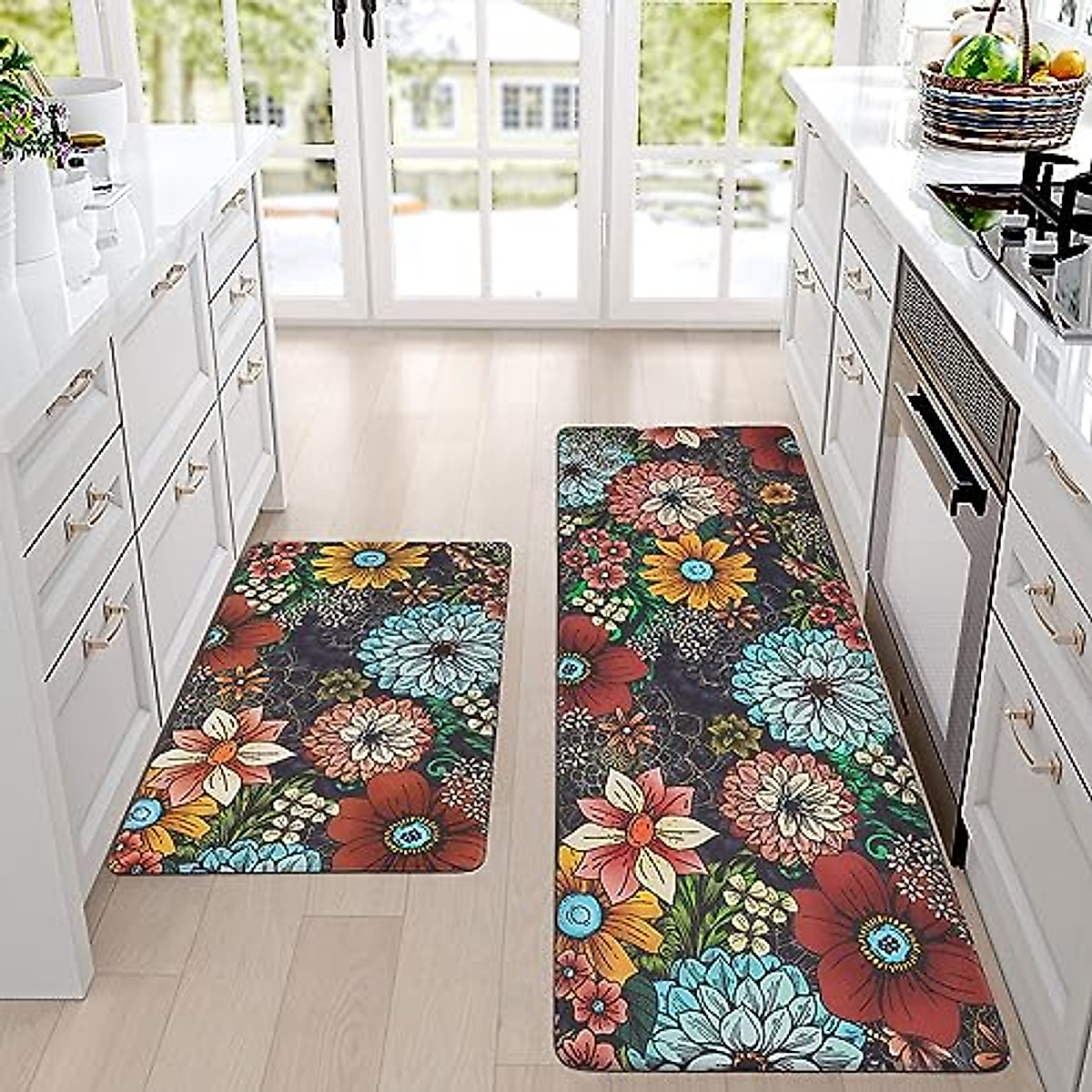 ASPMIZ Boho Kitchen Rugs Set of 2 Non Slip Washable, Farmhouse Floral Kitchen Mats Cushioned Anti Fatigue, Waterproof Rugs for Kitchen Floor Mats for in Front of Sink, 18'' x 48'' + 18'' x 30''