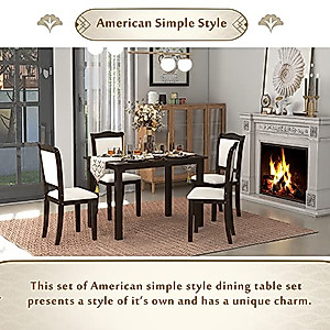 Voohek 5-Piece Dining Room Set, Modern Style Kitchen Furniture, Rectangular Table with 4 Upholstered Chairs Featuring High Backrest, for Space, Espresso+ White