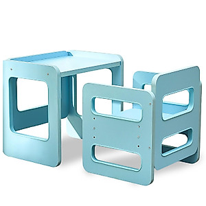 Beeveer Montessori Weaning Table and Chair Set Kids Toddler Wooden Table and Chair Set Adjustable Height Weaning Table with Fence for 8 Mouth-4 Years Old Activity Reading Play Toys Gift(Blue)