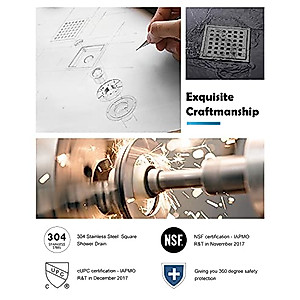 Black Shower Drain 4 Inch with Flange CUPC Certified- Made of 304 Stainless Steel, Square Shower Drain Includes Removable Cover Grid Grate,Thread Adapter, Shower Drain