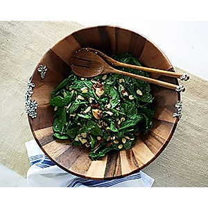 Vagabond House Wood Salad Bowl and Servers Lilacs Pattern 16 inch Diameter 4.5 inch Tall