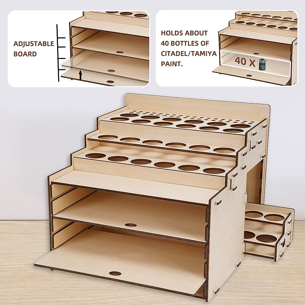 T TOGUSH Wooden Paint Organizer for 36 Holes of Citadel Paints and 36 Holes of Paint Brushes with Adjustable Storage wtih Model Pieces Shelf, Miniature Stands Holder Paint Rack for Miniature Paint Set