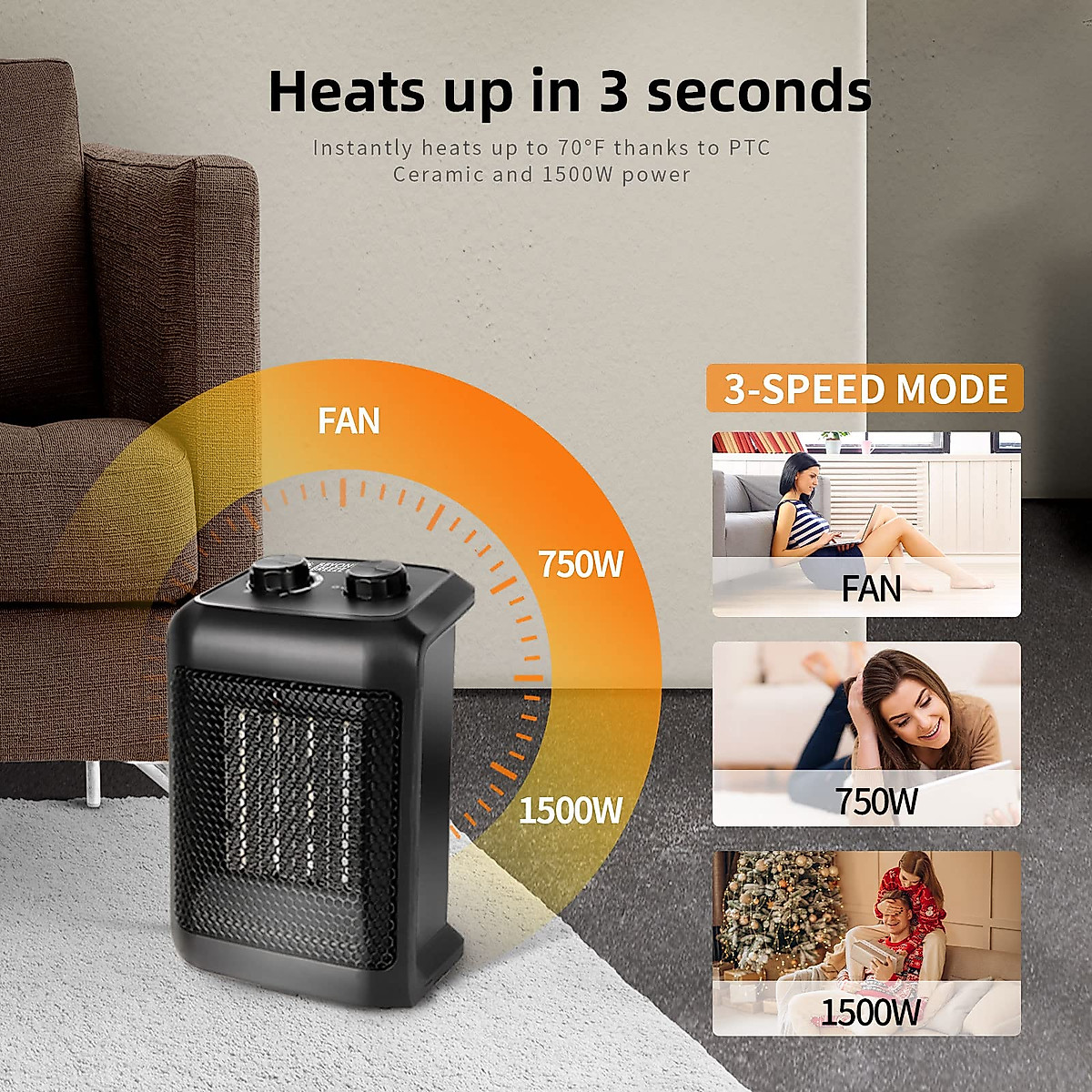 BEYOND BREEZE Space Heater, 1500-Watt Ceramic Portable Electric Heater, Small Heater with Tip-Over Switch, Overheat Protection, Adjustable Thermostat, Quiet and Safe for Indoor Use Office Bedroom