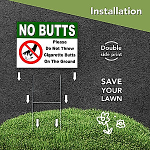 2 PC No Cigarette Butts Signs - 12 x 9 Coroplast No Butts Signage with Stake - No Littering Sign Outdoor - Please Do Not Throw Cigarette Butt Signs