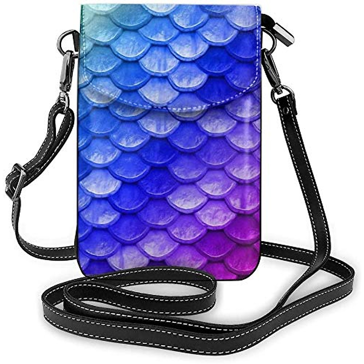 Colorful Rainbow Mermaid Scales Blue Women Soft PU Leather Cellphone Purse Wallet Handbag Small Crossbody Shoulder Bag