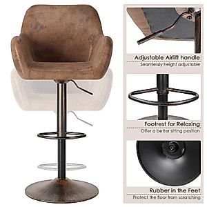 Keyluv Bar Stools Set of 2 for Kitchen Counter Adjustable Swivel Height Barstools 29 Inch Faux Leather Bar Chairs with Padded Back and Chromed Metal Base, Retro Brown