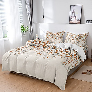 Orange Floral Fall Vines Vintage Linen Duvet Cover Sets 4 Piece Queen Ultra Soft Bed Quilt Cover Set for Kids/Teens/Women/Men,Autumn Flower Leaves Bedding Collection All Season Use
