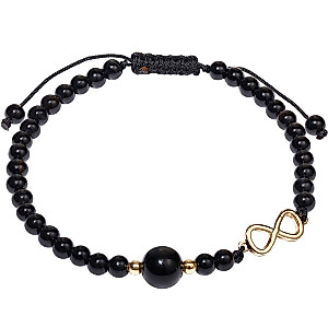 Jewever Natural Crystals and Gemstones Infinity Charm Bracelet for Women Worry Stone Beaded Friendship Bracelets Adjustable (Black Obsidian)