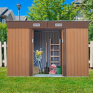 JAXPETY 4.2' x 9.1' Outdoor Storage Shed Garden Shed Utility Tool Storage House Backyard Lawn Building with Sliding Door, Brown