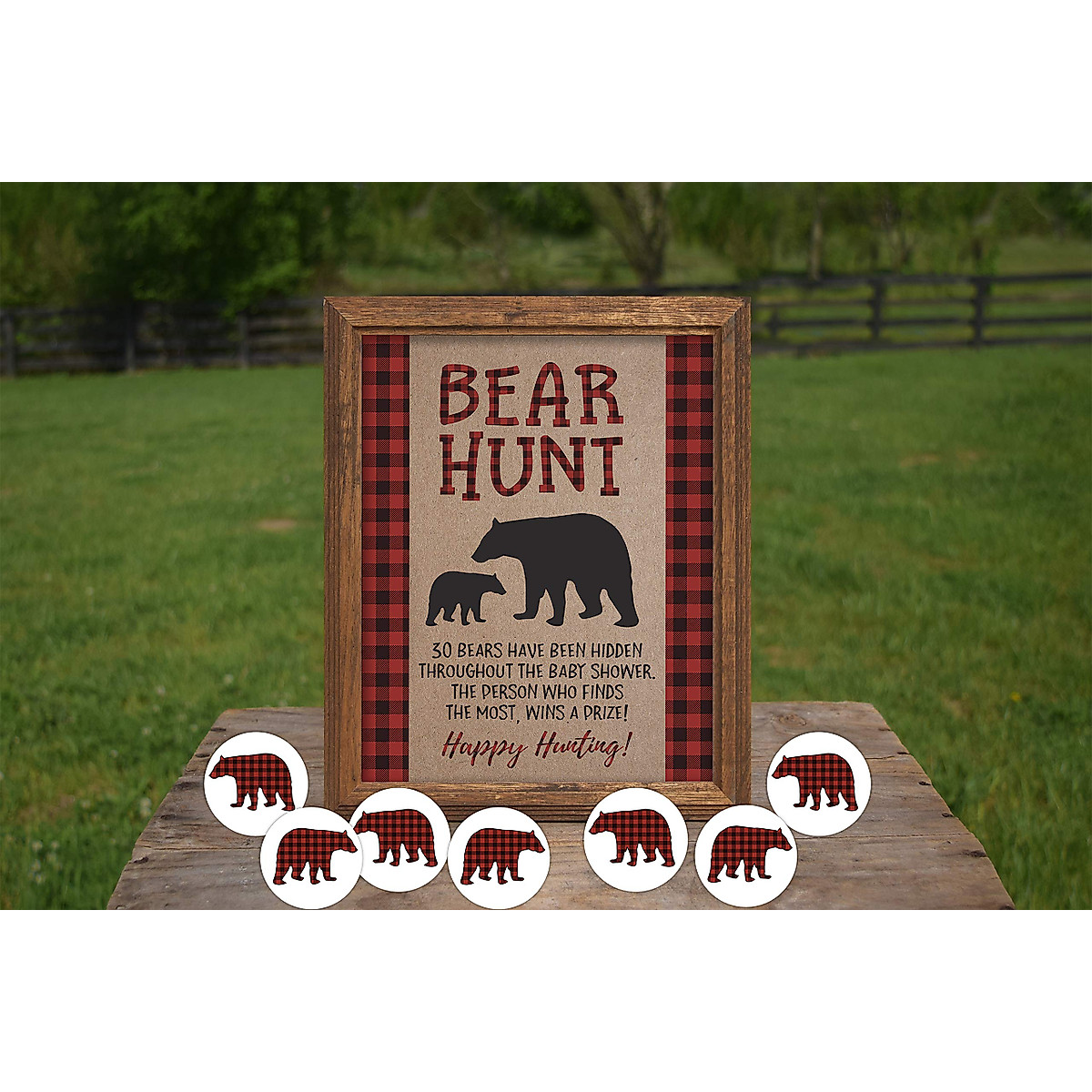 Lumberjack Scavenger Bear Hunt Baby Shower Game - Lumberjack Fun Activities and Decorations - Includes 1 (8.5x11 inches) Sign and 30 (2 inches) Bear Stickers