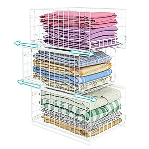 3-tier Sliding Closet Organizers and Drawer Storage Shelves, Stackable Storage Bins for Jean Sweaters, Metal Drawer Shelf Clothes Storage Container, Wardrobe Cupboard Organizer for Folded Clothe-White