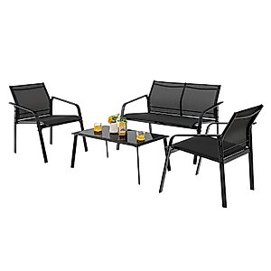 Tangkula 4 Pieces Patio Furniture Set, Outdoor Conversation Set with Tempered Glass Coffee Table, Outdoor Bistro Set with Fabric and Anti-Rust Steel Frame for Garden, Poolside and Backyard (Black)