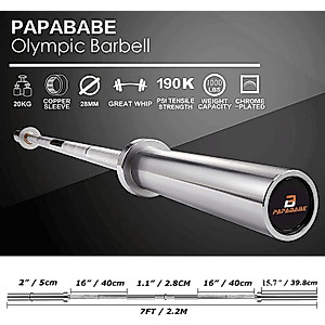 PAPABABE Olympic Bar 7-Foot Solid Chrome Barbell Weights Lifting Power Lifting (2-inch)