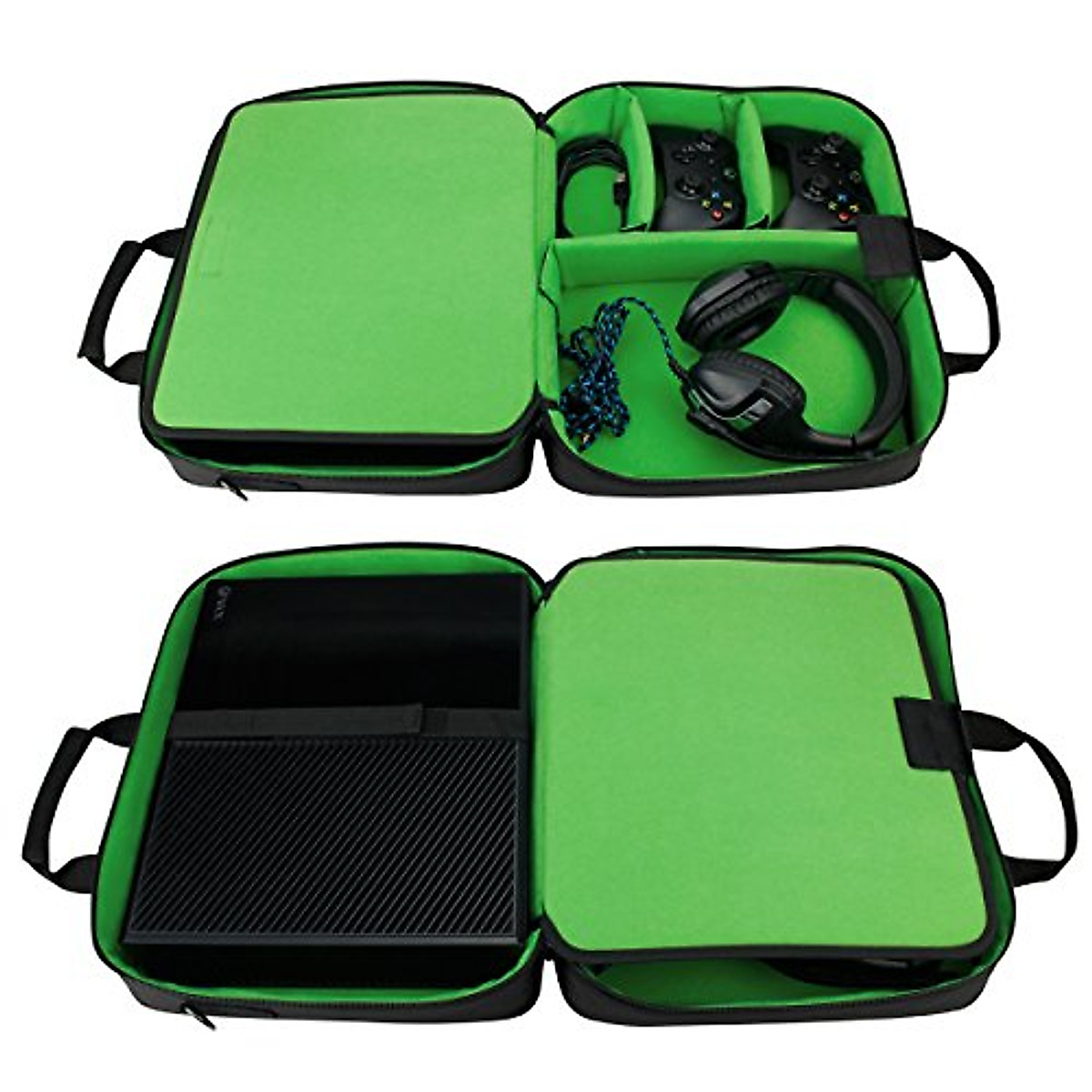 USA GEAR Console Carrying Case - Xbox Travel Bag Compatible with Xbox One and Xbox 360 with Water Resistant Exterior and Accessory Storage for Xbox Controllers, Cables, Gaming Headsets - Green