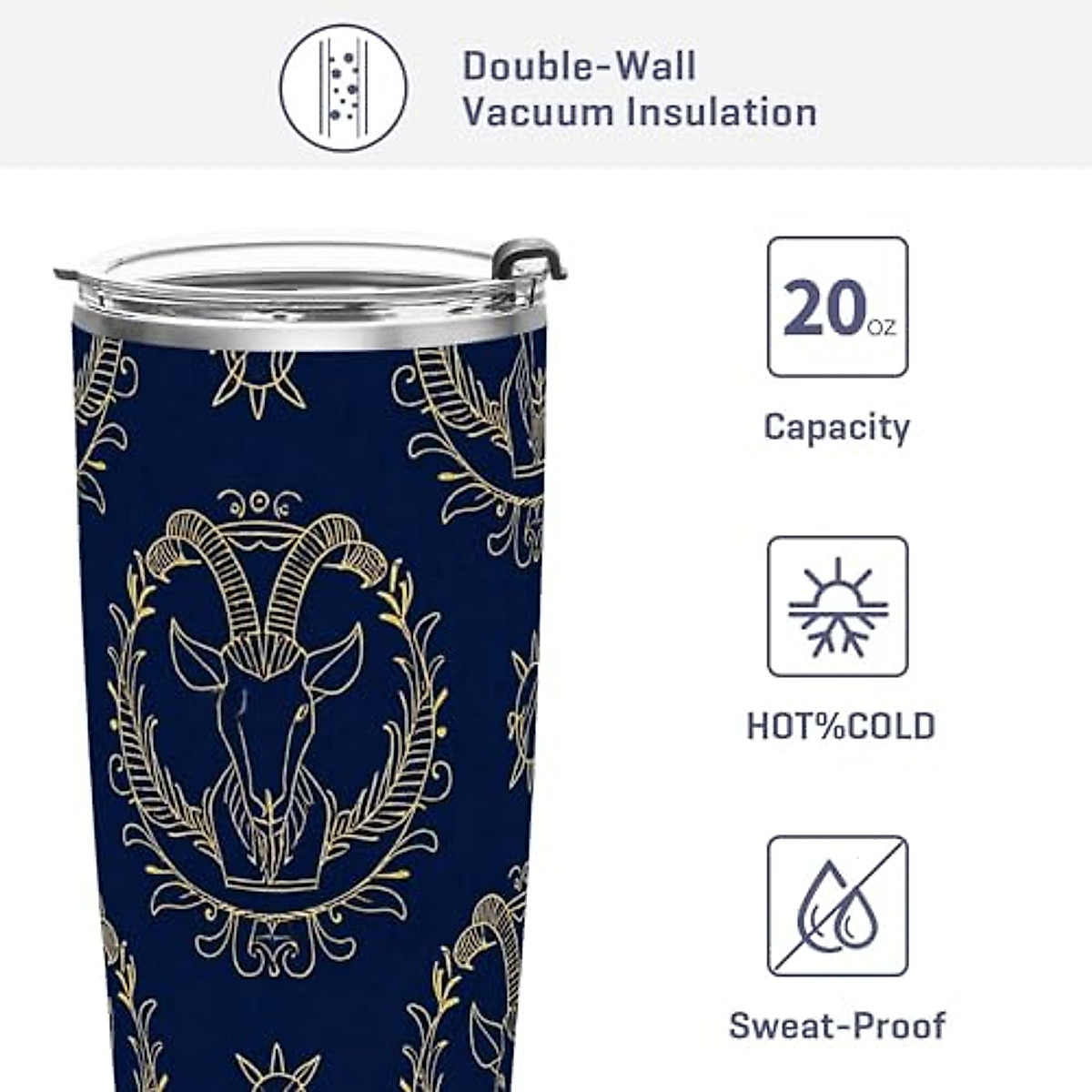 Gold Zodiac Sign Aries Navy Blue Stainless Steel water bottle with straw Leak-proof Lid and Straw insulated travel coffee mug for Home, Office or Car Aesthetic tumbler with lid and straw 20 OZ
