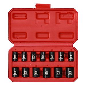 MIXPOWER 13 Pieces 3/8-Inch Drive Shallow Impact Socket Set, 7mm to 19mm, CR-V, Metric, 6 Point, Shallow, 13 Pieces 3/8" Dr. Socket
