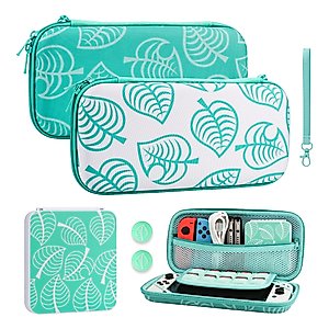 FUNDIARY Green Travel Carrying Case for Nintendo Switch and Switch OLED with Animal Crossing Leaf Design, Shockproof Accessories with Portable Storage Bag, Game Card Case, Handle Strap & 2 Thumb Caps