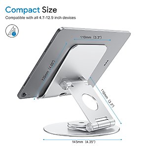 OMOTON Swivel Tablet Stand for iPad with 360 Rotating Base, Foldable Adjustable Holder for Drawing, Compatible with iPad Pro/Air/Mini and More, Silver