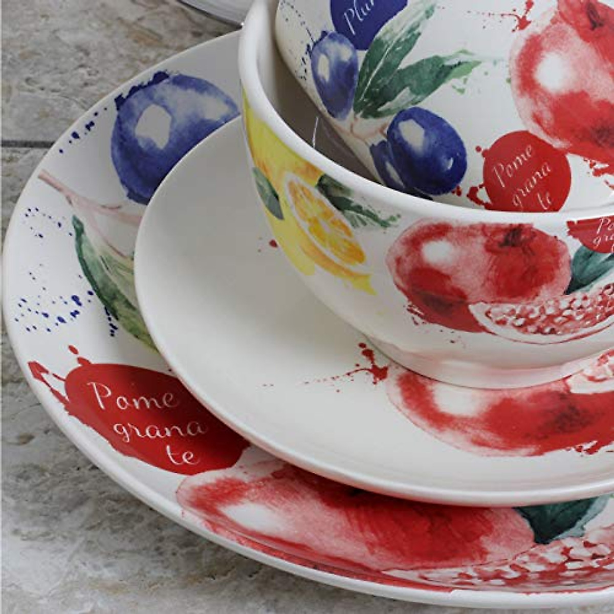 Elama Round Stoneware Fruity Dinnerware Dish Set, 16 Piece, White with Multicolored Fruit