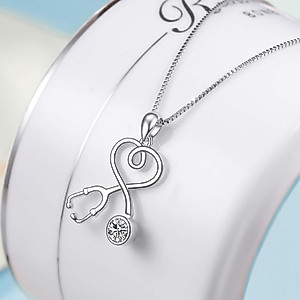 AOBOCO Sterling Silver Stethoscope Necklace Infinity Heart Pendant Doctor Nurse Necklace with Clear Austria Crystal, Women Medical Jewelry Gifts for Medical Student Doctor Nurse Female