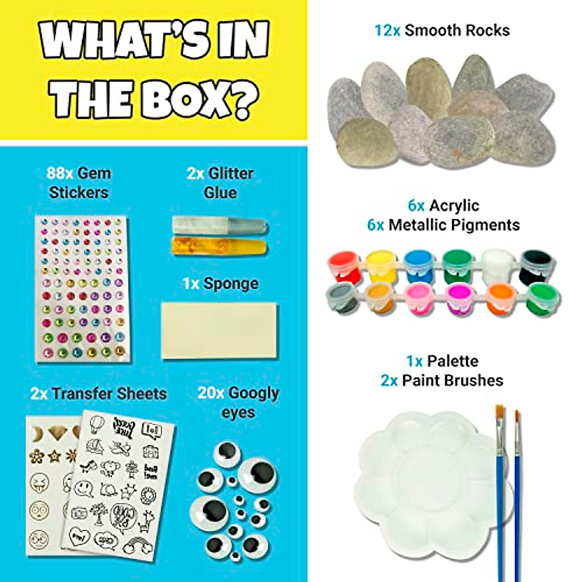 JOYEZA Deluxe Rock Painting Kit, Arts and Crafts for Girls Boys Age 6+, 12 Rocks, Best Tween Gift Art Set, Waterproof Paints, Craft Kits Art Supplies, Kids Activities Age 4 5 6 7 8 9 10