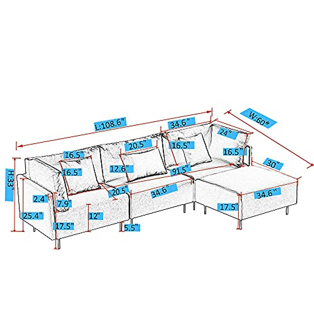 Garhelper L-Shaped Sectional Sofa couch,Convertible modular Sectional sofa with Double Chaise Ottoman Lounger and 3 Pillows,Linen Upholstered Free combination Extra Wide Seat for Living Room Apartment