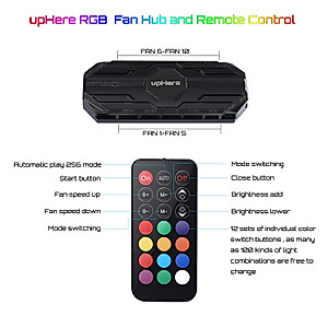upHere 10-Port 6PIN SATA RGB Hub with 21-Key Remote Control/Splitter for 6-Pin Case Fans in Black-MBX10