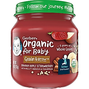 Gerber 2nd Foods Organic for Baby Grain & Grow Baby Food Jar, Banana Apple Strawberry with Millet Quinoa & Cinnamon, 4-Ounce Glass Jar (Pack of 6)