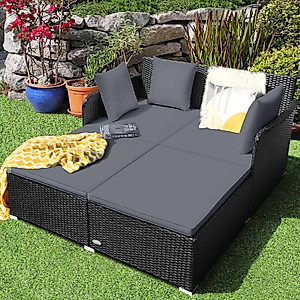 Tangkula Patio Rattan Daybed, Patiojoy Outdoor Sunbed with Spacious Seat, Upholstered Cushion & High-Resilience Sponge, Wicker Patio Sofa Set with Extra Pillows for Poolside, Porch, Backyard (Grey)