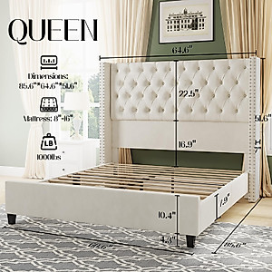 Jocisland Queen Upholstered Bed Frame with Tall Headboard Wingback Platform Bed Tufted Deep Button Velvet/No Box Spring Needed/Easy Assembly/Cream