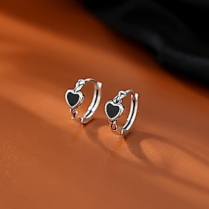 SLUYNZ 925 Sterling Silver Black Heart Hoop Earrings for Women Teen Girls Heart Huggie Earrings Hoop (A-Silver)