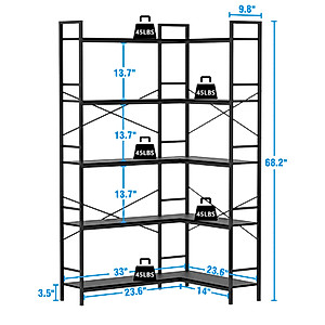 Lazyvan Black Corner Bookshelf,5 Tiers Corner Bookcase with Open Storage,L Shaped Shelves for Home Office,Living Room,Bedroom