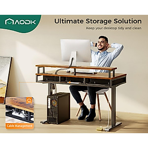 AODK Electric Standing Desk with Drawers, 55 Inch Height Adjustable Gaming Desk with Power Outlets & LED Lights, Sit Stand Table with Monitor Stand for Home, Office, Workstation, Rustic Brown