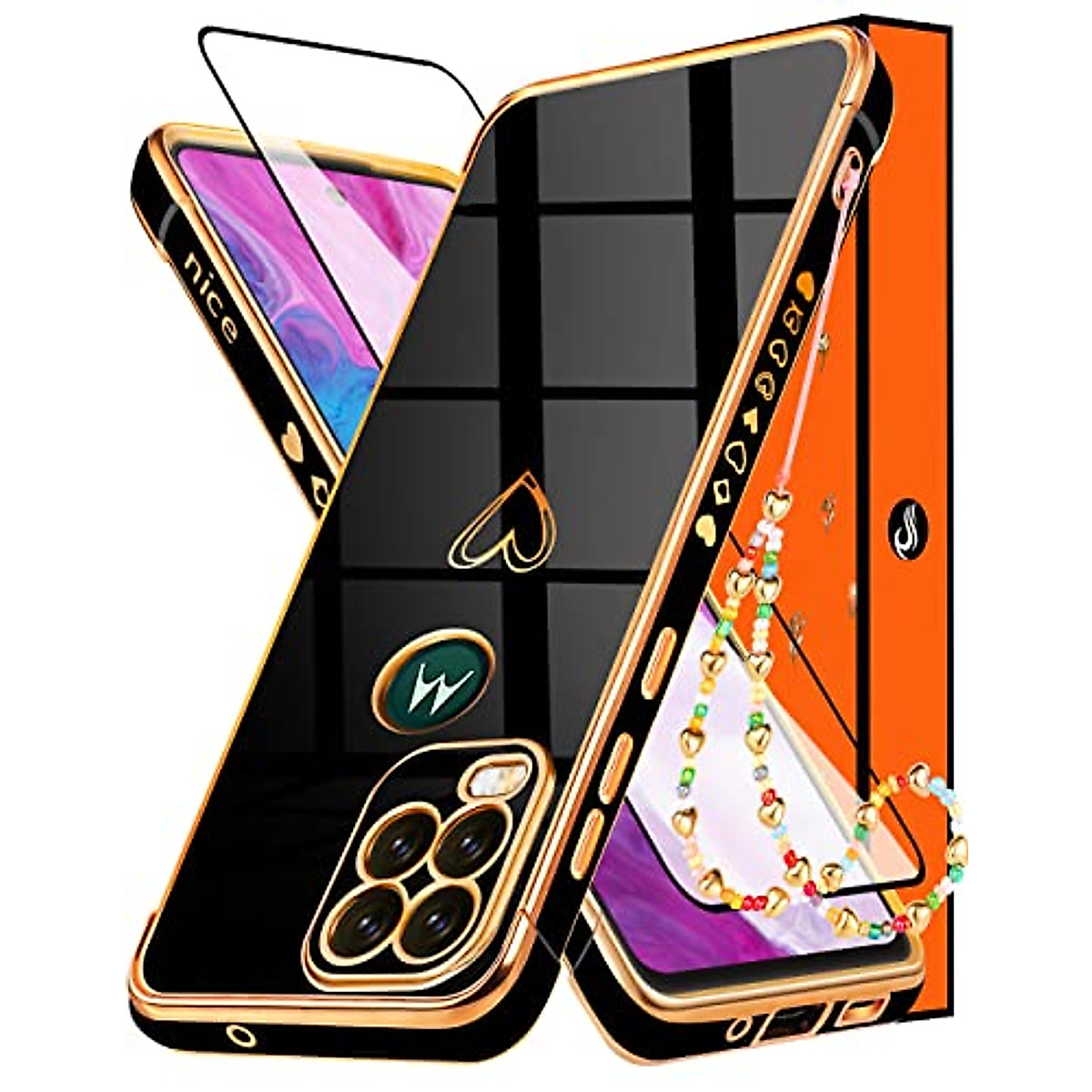 Buleens for Motorola Moto G Stylus 2021 Case for Women Girls, (3 in 1) Cute Hearts Pattern Aesthetic Phone Cases for Moto G Stylus 2021 6.8'', Classy Gold Paint Soft TPU Anti-Drop Cover(Black)