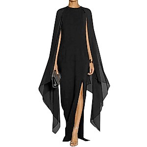 MAYFASEY Women's Flare Chiffon Sleeve High Split Formal Evening Gown Maxi Dress with Cape Black XXL