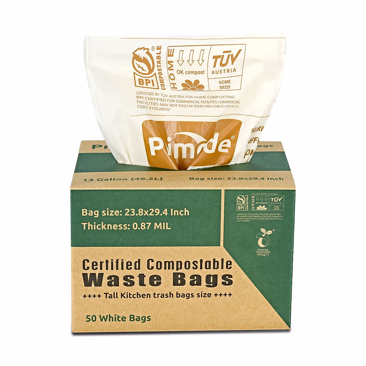 Primode Compostable Bags, 13 Gallon Food Scraps Yard Waste Bags, 50 Count, Extra Thick 0.87 Mil. ASTMD6400 Compost Bags Small Kitchen Trash Bags, Certified By BPI And TÜV AUSTRIA