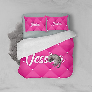 XIUCOO Personalized Pink Heart Print Duvet Cover Sets with Name Bedding Set 3 Pcs Quilt Cover with Zipper for Adult Birthday Gift,Queen Size